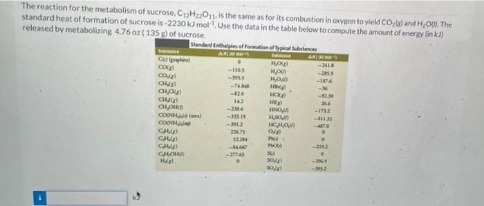 Solved The reaction for the metabolism of sucrose C12H22011. | Chegg.com