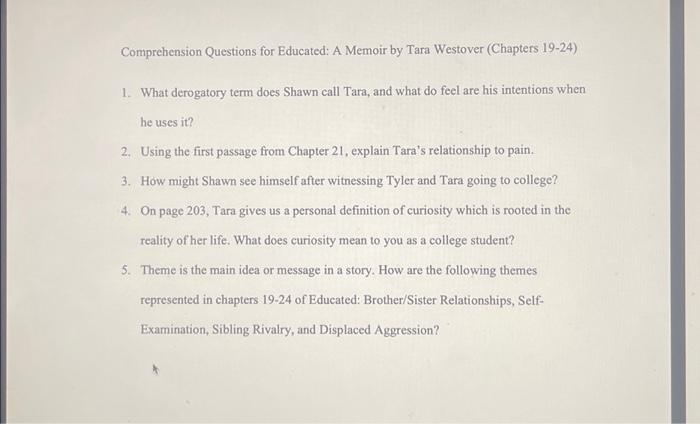 Solved Comprehension Questions for Educated: A Memoir by | Chegg.com