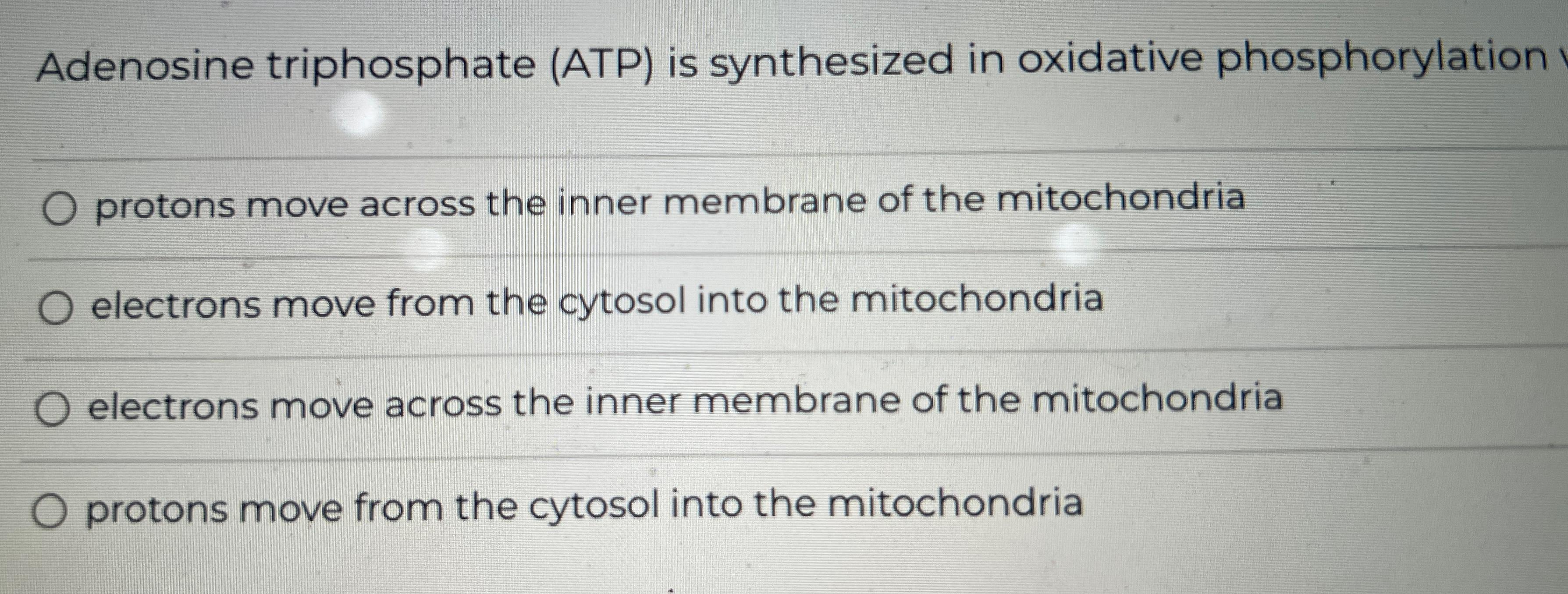 Solved Adenosine triphosphate (ATP) ﻿is synthesized in | Chegg.com