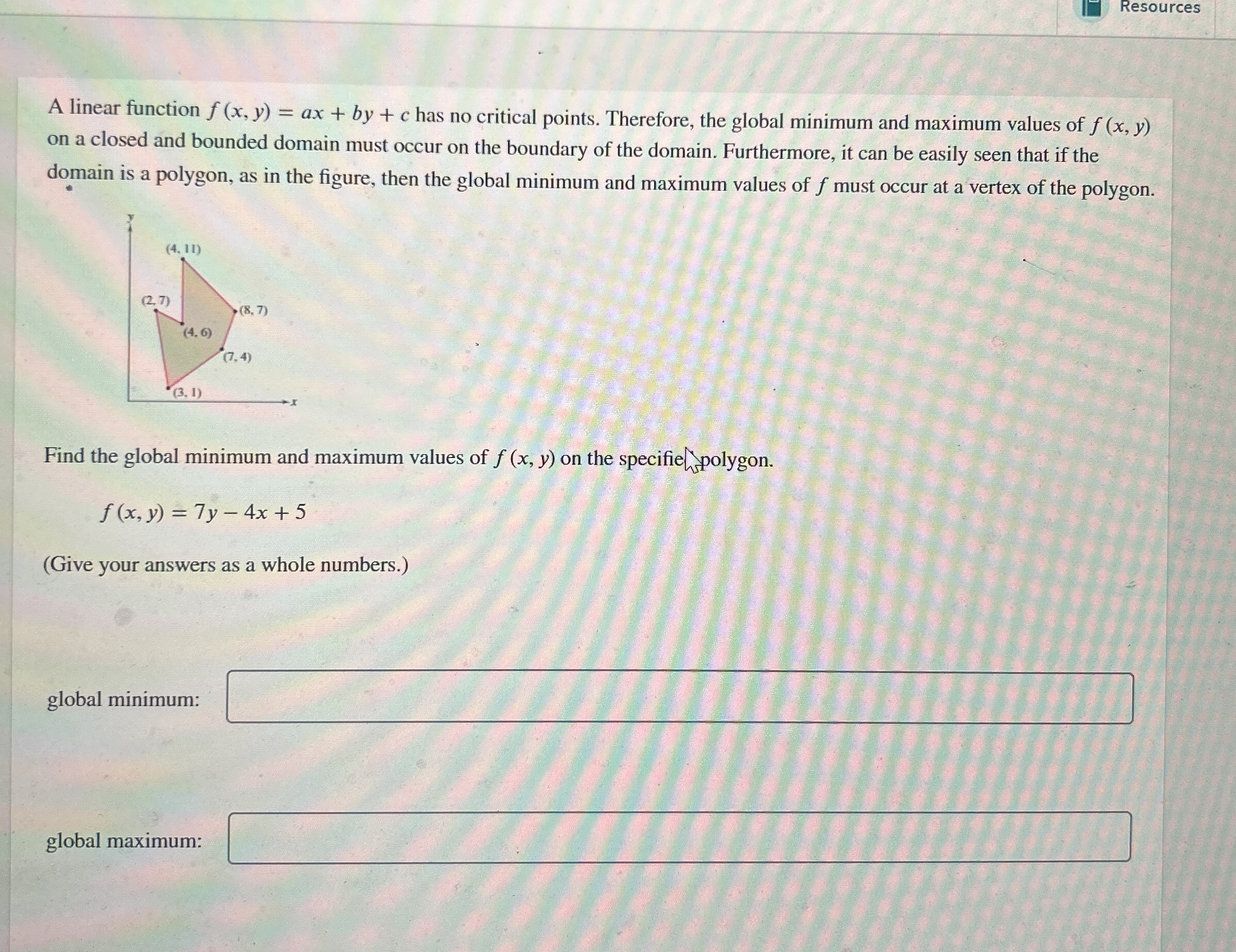 Solved ResourcesA linear function f(x,y)=ax+by+c ﻿has no | Chegg.com