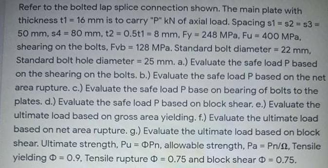 Solved Refer to the bolted lap splice connection shown. The | Chegg.com