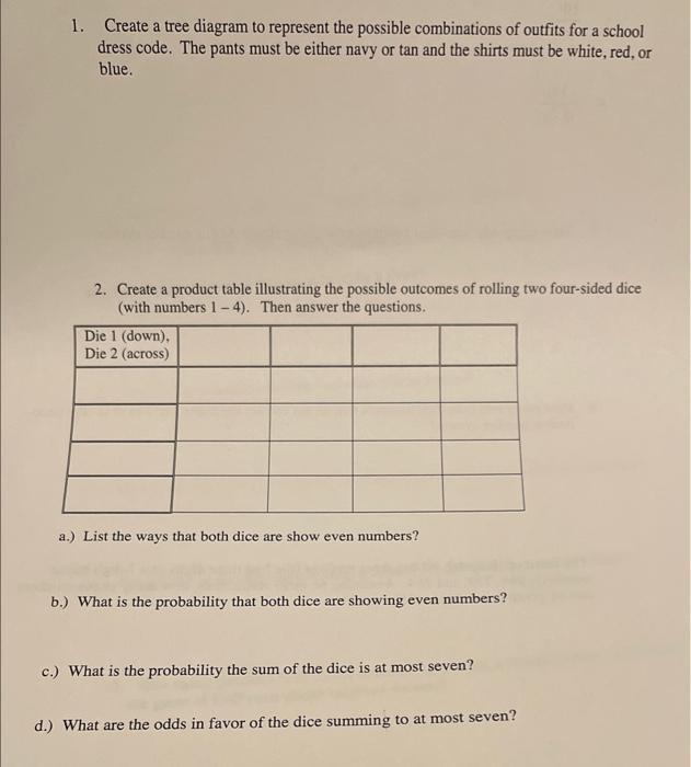Solved 1. Create a tree diagram to represent the possible | Chegg.com