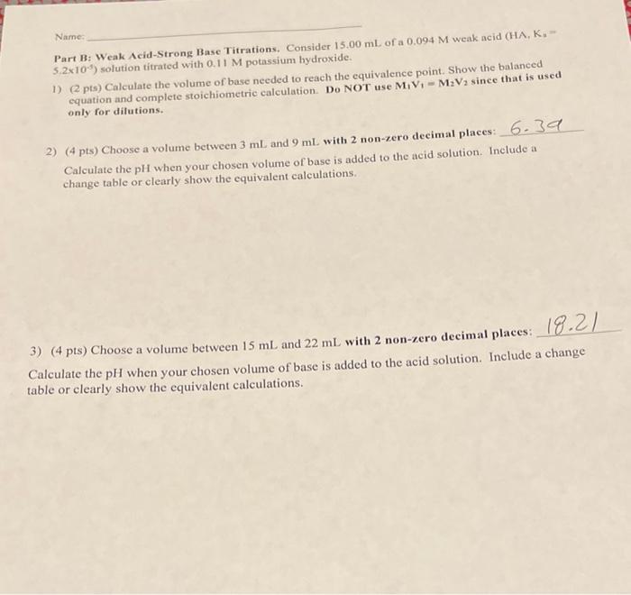 Solved Name: Part B: Weak Acid-Strong Base Titrations. | Chegg.com