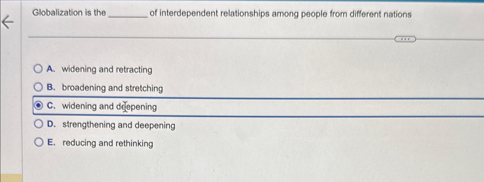 Solved Globalization is the of interdependent relationships | Chegg.com