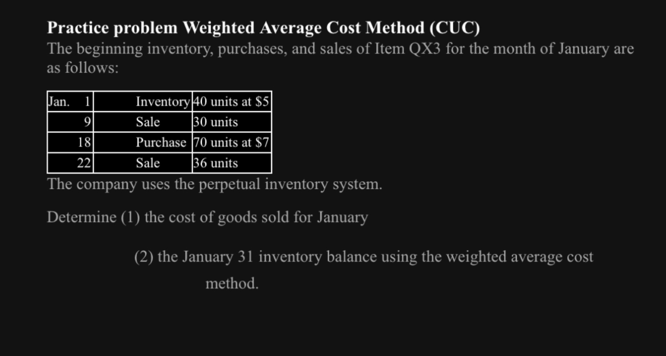 Solved Practice Problem Weighted Average Cost Method