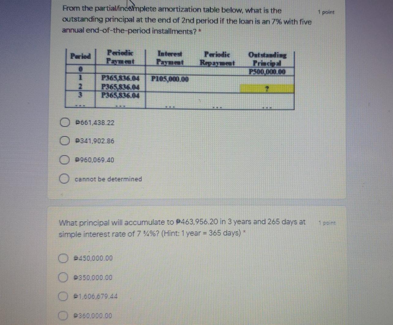 Solved 1 point From the partial/incomplete amortization | Chegg.com