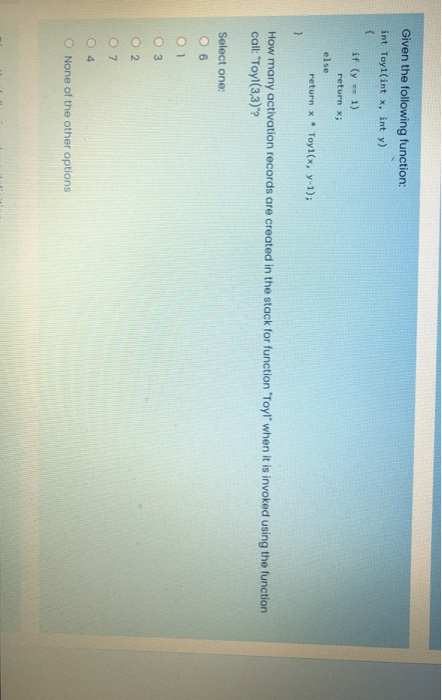 Solved Given the following function: int Toy1(int x, int y) | Chegg.com