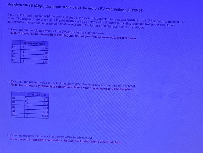Solved Problem 10.35 (Algo) Common stock value based on PV | Chegg.com