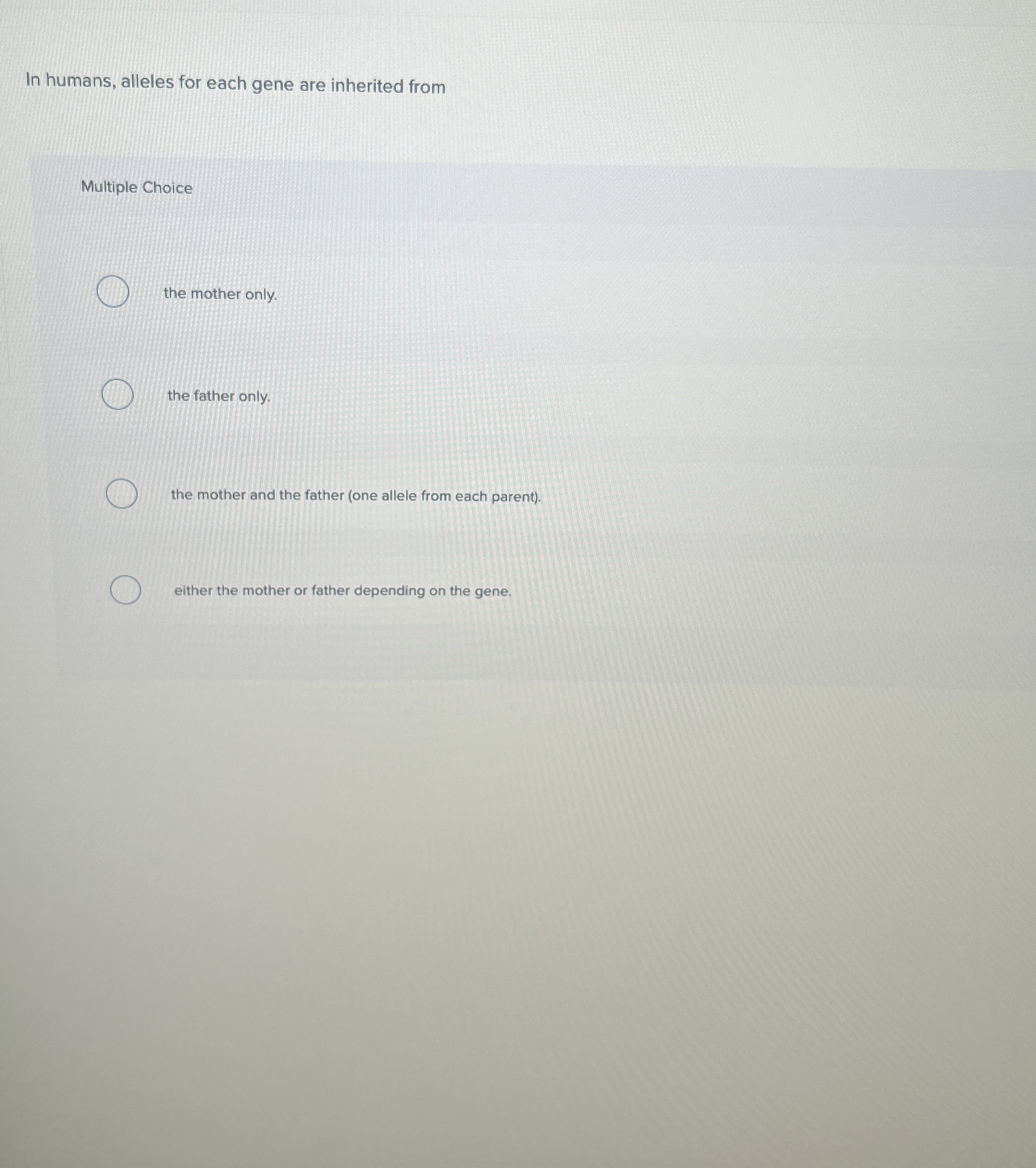Solved In humans, alleles for each gene are inherited | Chegg.com