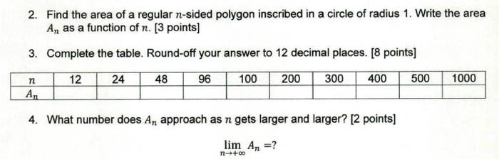 Solved 2. Find the area of a regular n-sided polygon | Chegg.com