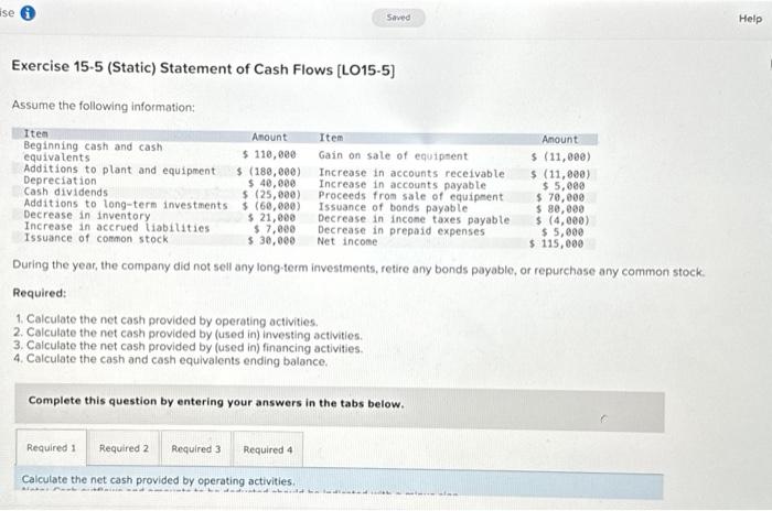 Solved Exercise 15-5 (Static) Statement of Cash Flows | Chegg.com