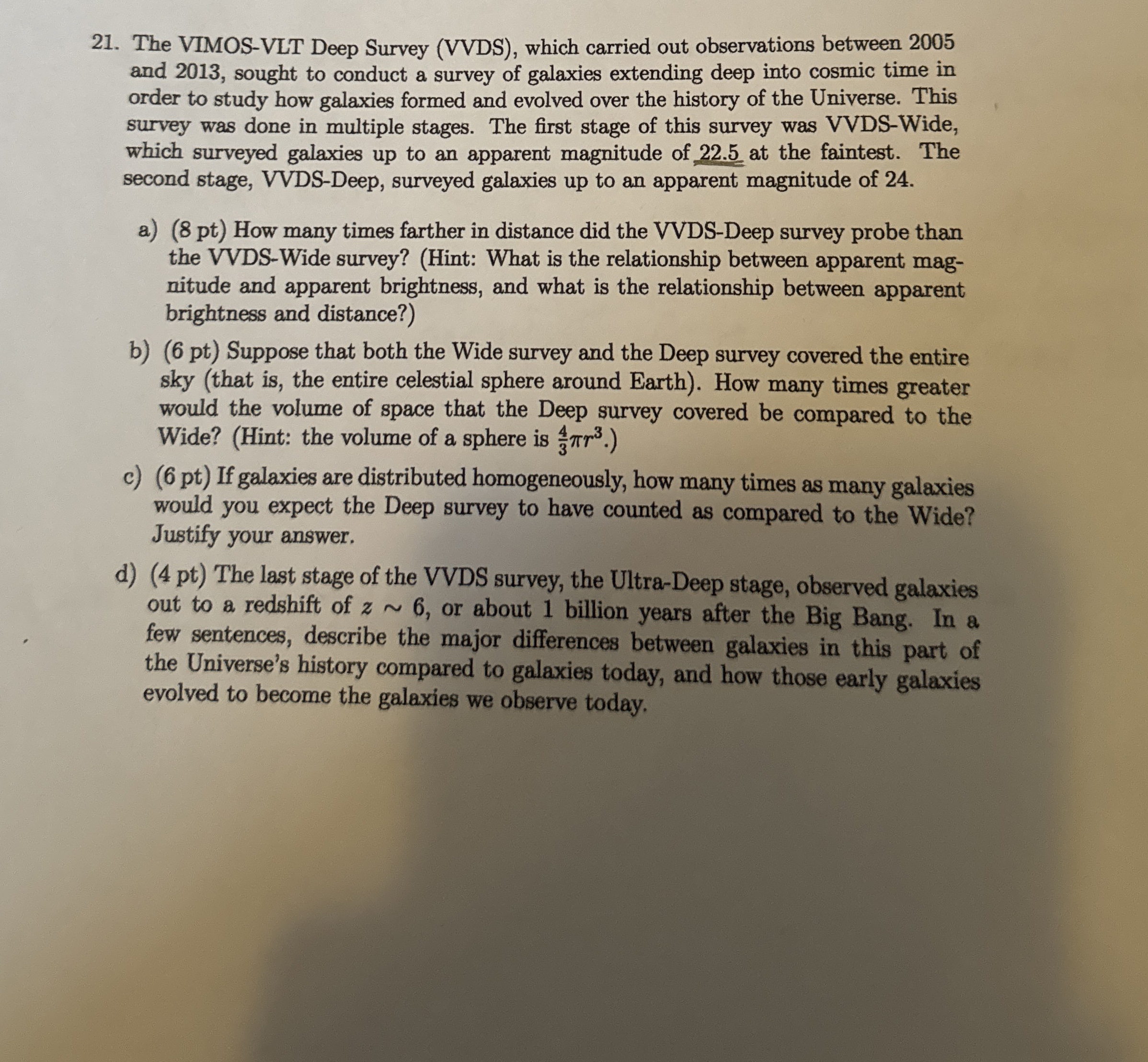 Solved The VIMOS-VLT Deep Survey (VVDS), ﻿which carried out | Chegg.com