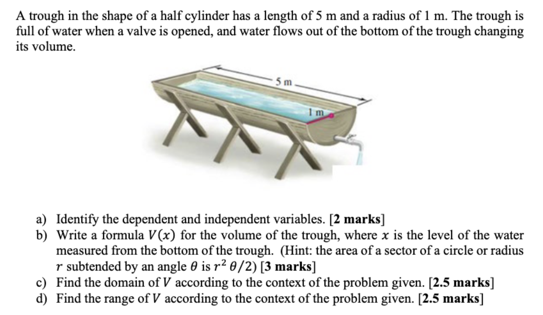 Solved A trough in the shape of a half cylinder has a length | Chegg.com