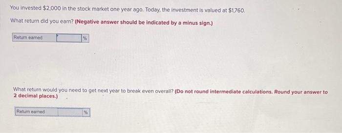 Solved You invested $2,000 in the stock market one year ago. | Chegg.com