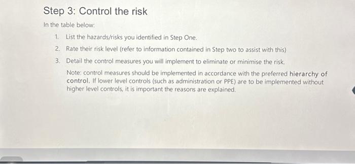 Solved Step 3: Control the risk In the table below: 1. List | Chegg.com
