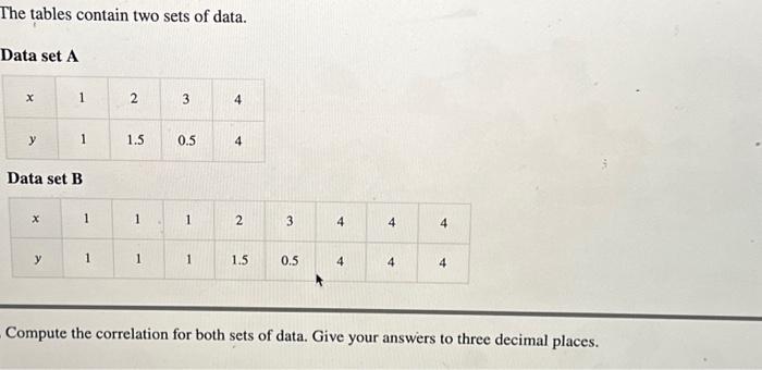 Solved The tables contain two sets of data. Data set A X y 1 | Chegg.com