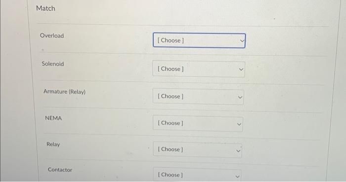 Solved Match Overload Solenoid Armature (Relay) NEMA Relay | Chegg.com