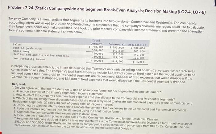 Solved Problem 7-24 (Static) Companywide and Segment | Chegg.com