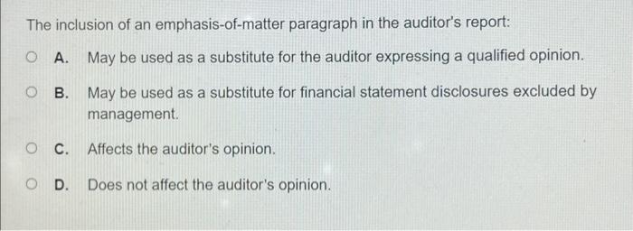 Solved The inclusion of an emphasis-of-matter paragraph in | Chegg.com