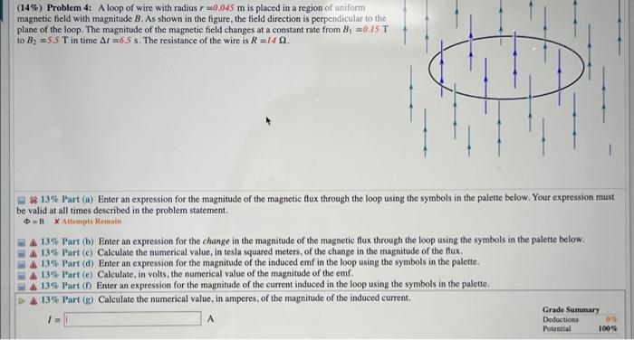 Solved (14%) Problem 4: A loop of wire with radius r =0,045 | Chegg.com