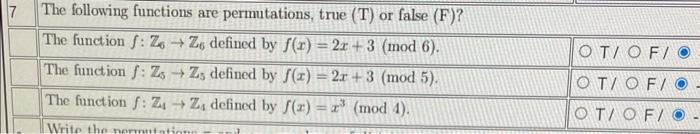 Solved 7 The following functions are permutations, true (T) | Chegg.com