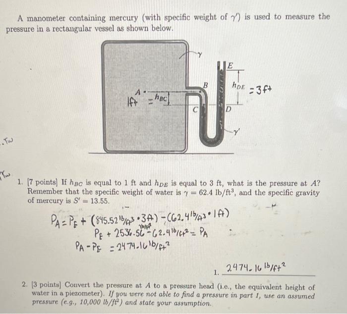 Solved A manometer containing mercury (with specific weight | Chegg.com