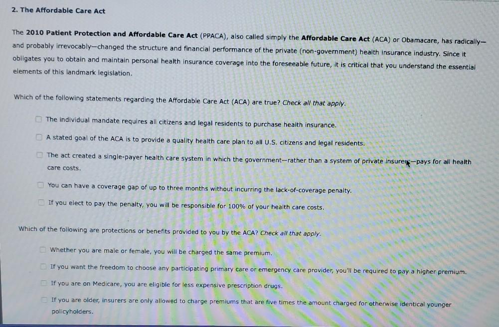 2. The Affordable Care Act The 2010 Patient | Chegg.com