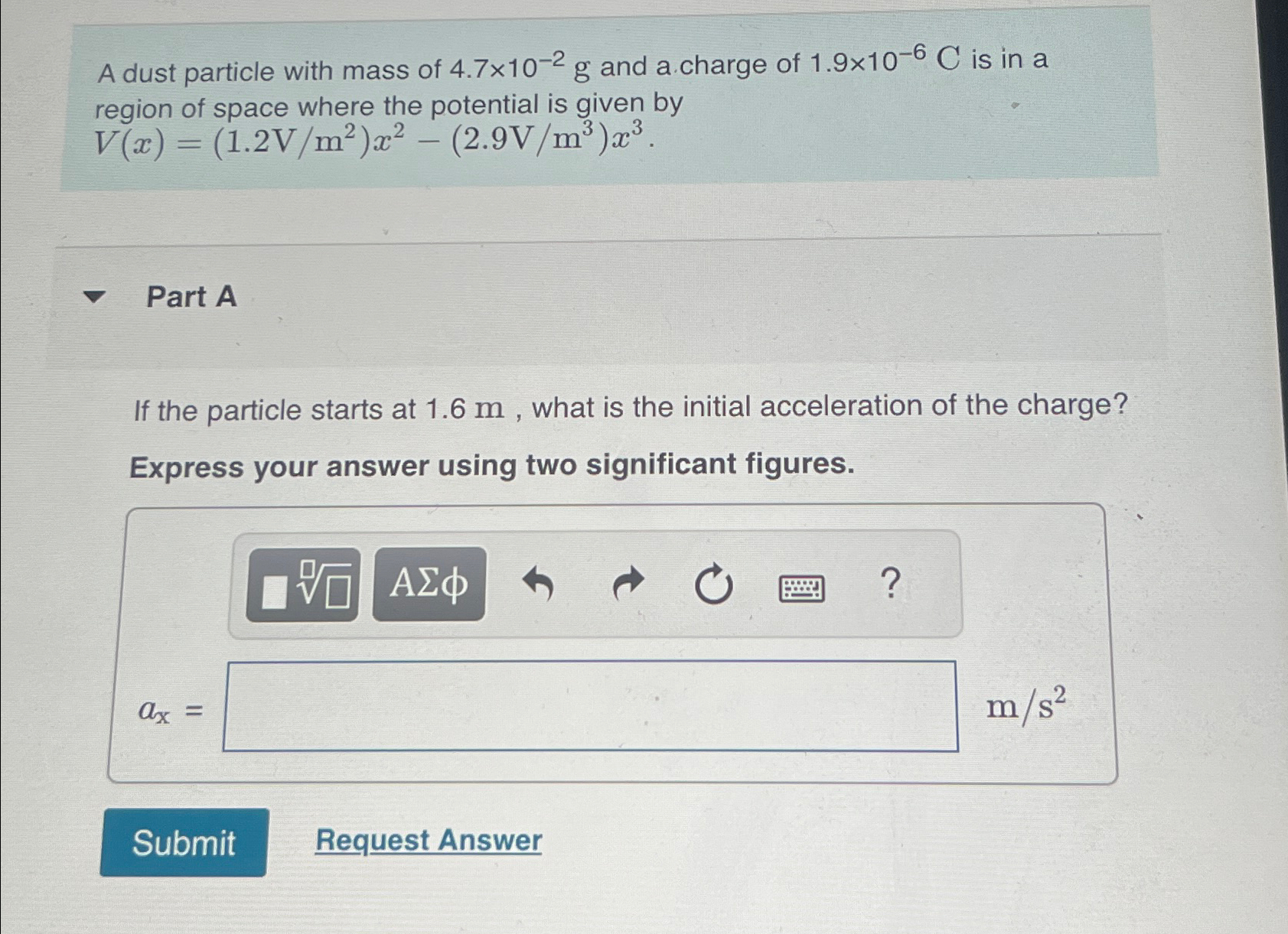 Solved A dust particle with mass of 4.7×10-2g ﻿and a charge | Chegg.com
