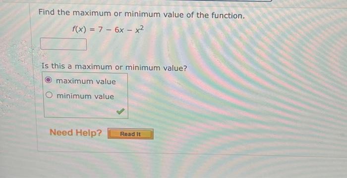 Solved Find the maximum or minimum value of the function. | Chegg.com