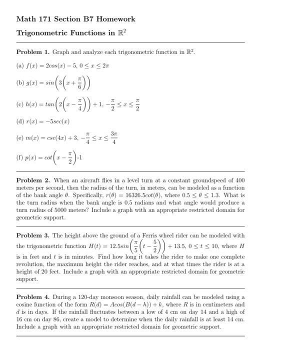 Solved Math 171 Section B7 Homework Trigonometric Functions | Chegg.com