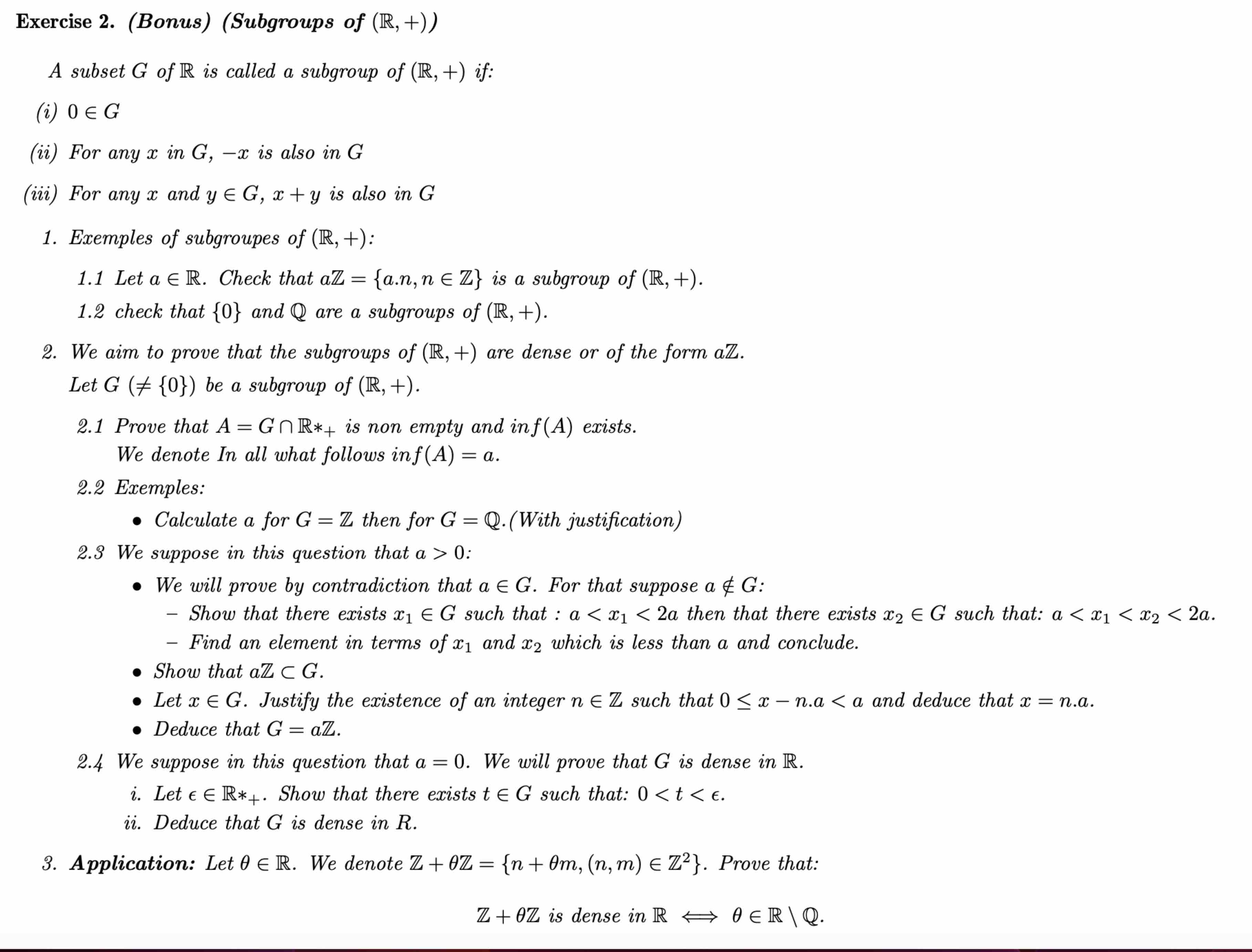 Solved Exercise 2. (Bonus) (Subgroups of (R,+) )A subset G | Chegg.com