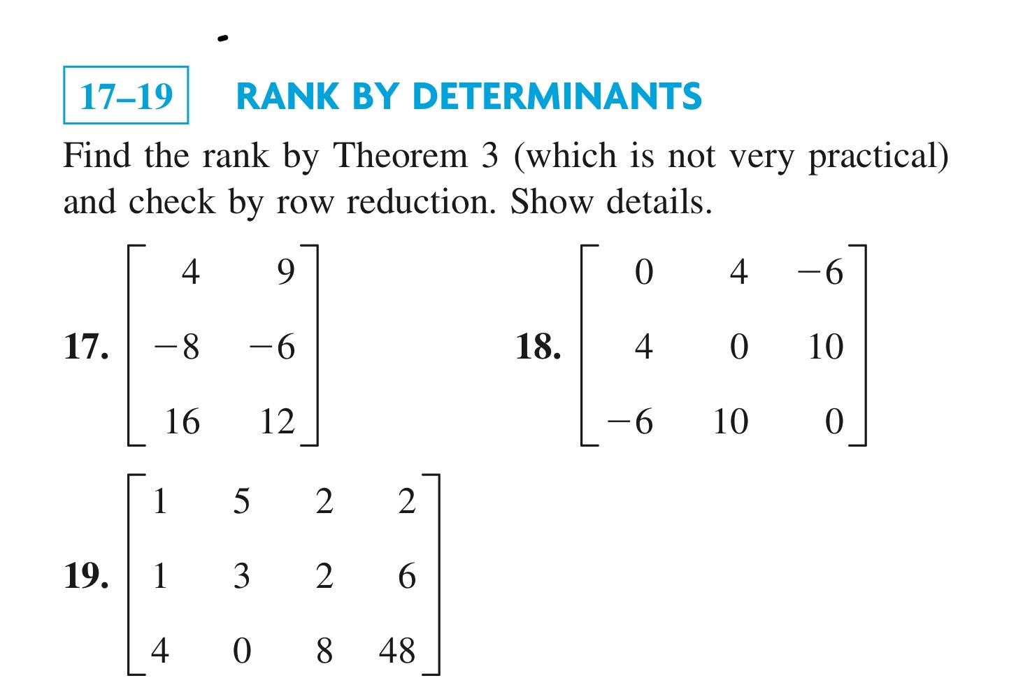 Solved 17-19RANK BY DETERMINANTSFind the rank by Theorem | Chegg.com