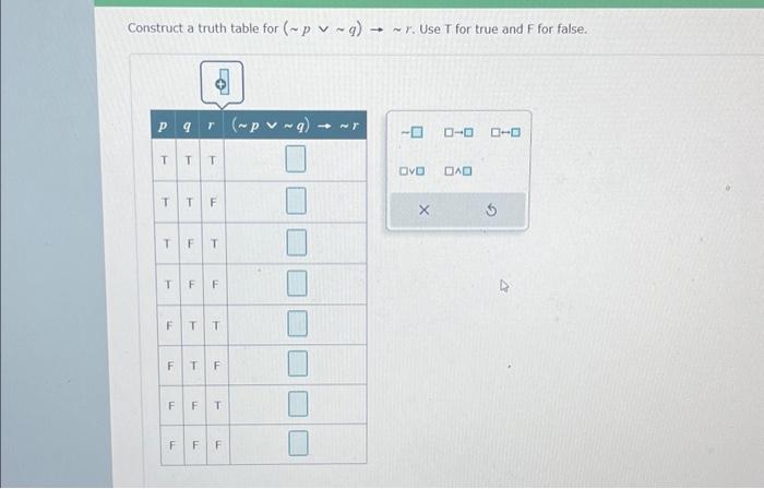 Solved Construct a truth table for (∼p∨∼q)→∼r. Use T for | Chegg.com