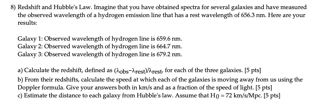 Solved Redshift and Hubble's Law. Imagine that you have | Chegg.com