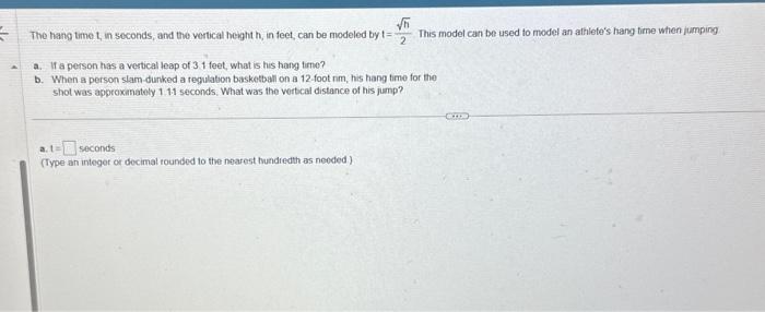 Solved The hang time t, in seconds, and the vertical height | Chegg.com