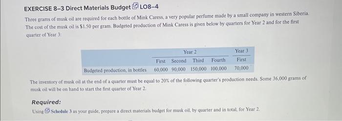 Solved EXERCISE 8-3 Direct Materials Budget 여 LO8-4 Three | Chegg.com