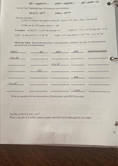 Solved pH=−log[H3O⊤∣pOH=−log∣OH∣pH+pOH=14 Use the "log" | Chegg.com