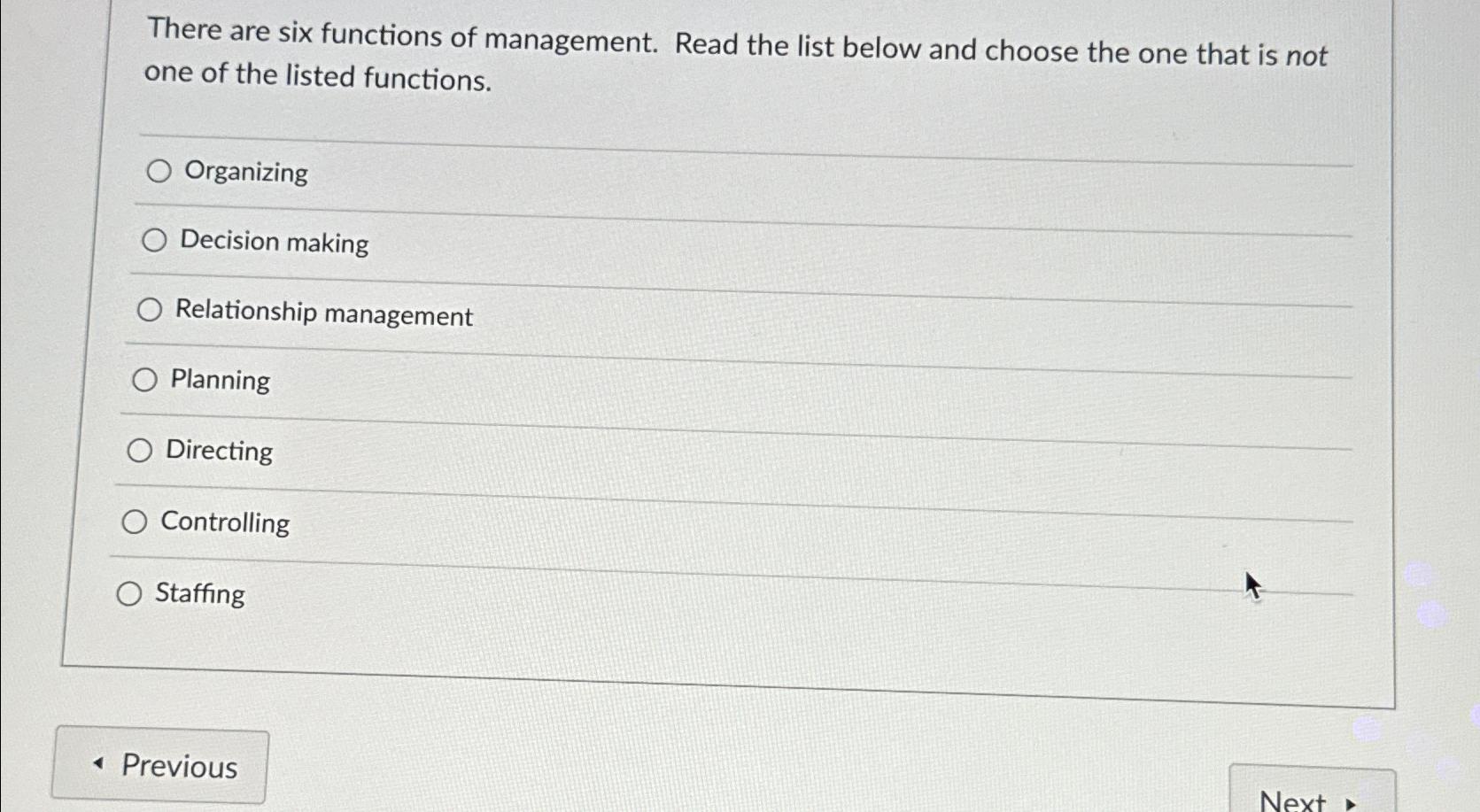 Solved There are six functions of management. Read the list | Chegg.com