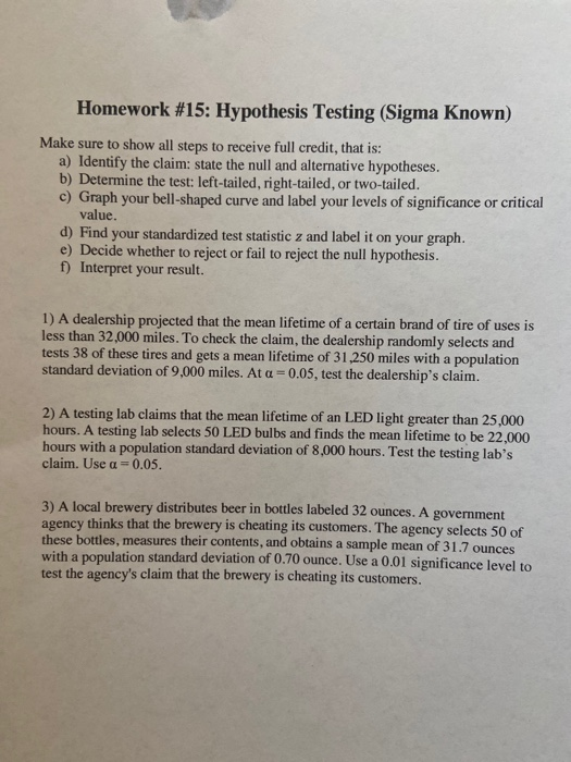 Solved Homework #15: Hypothesis Testing (Sigma Known) Make | Chegg.com