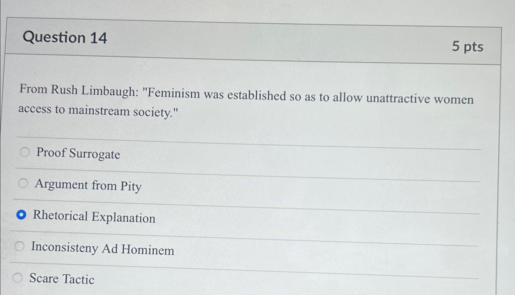 Solved Question 145 ﻿ptsFrom Rush Limbaugh: "Feminism was | Chegg.com
