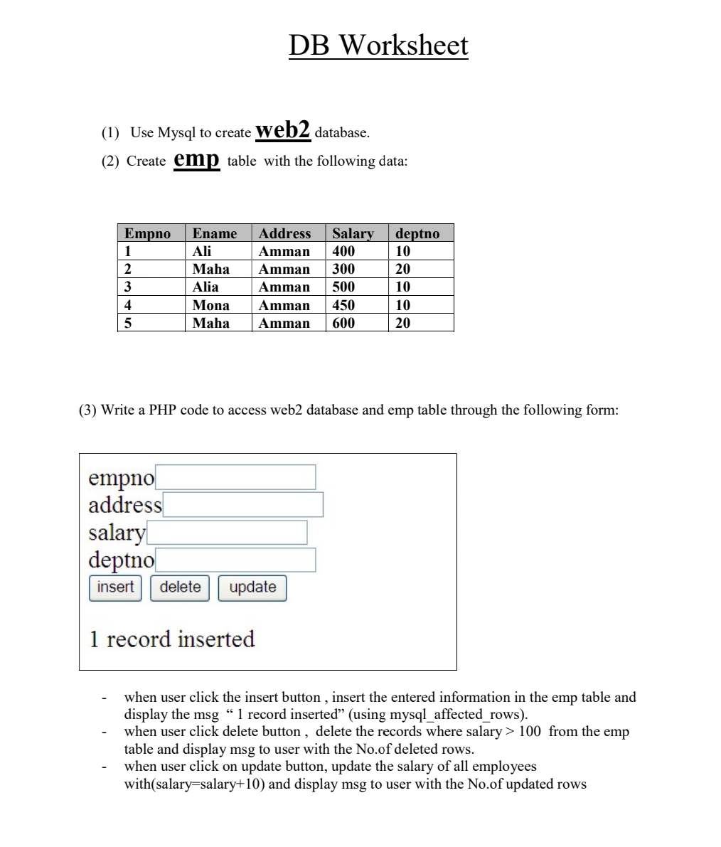 Solved DB Worksheet (1) Use Mysql to create web2 database. | Chegg.com