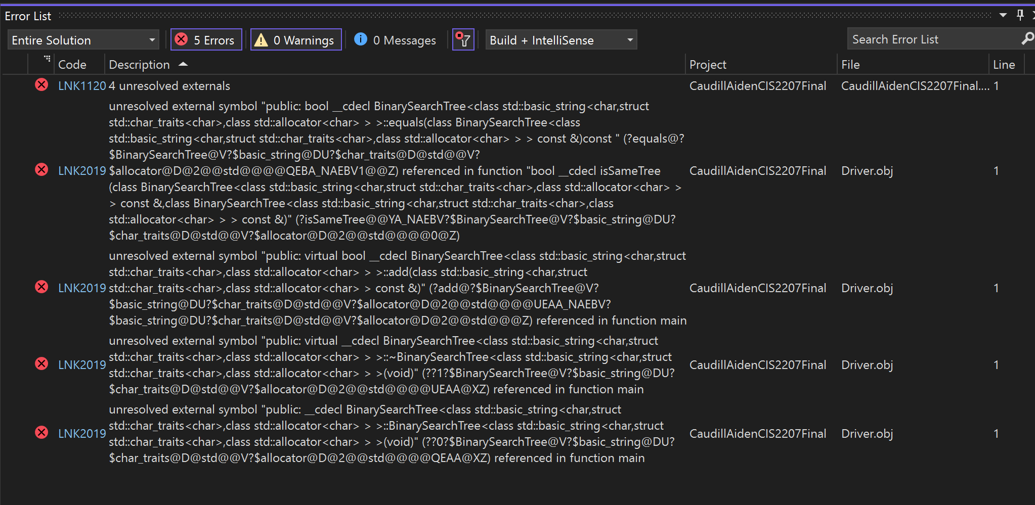 Solved C++, ﻿Visual Studio. I have 5 ﻿errors, four LNK2019 | Chegg.com