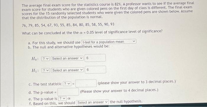 Solved The average final exam score for the statistics | Chegg.com