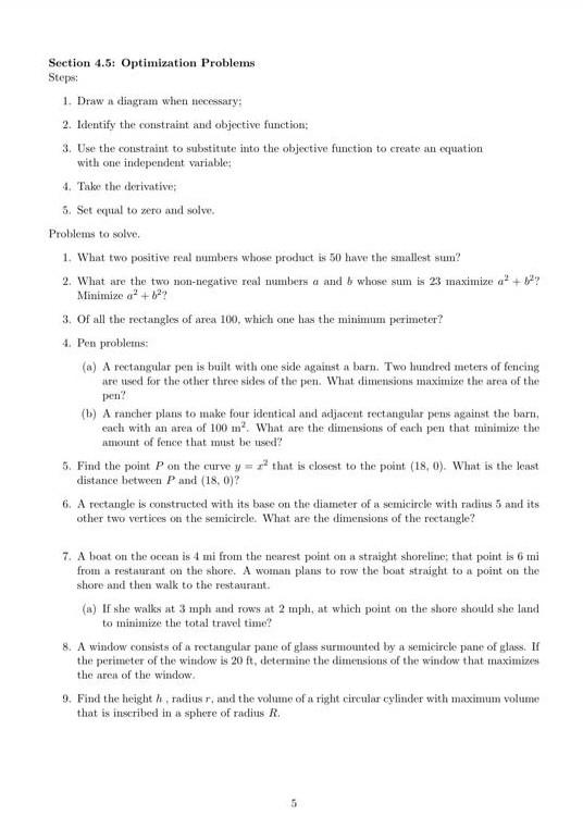 Solved Section 4.5: Optimization Problems Steps: 1. Draw a | Chegg.com