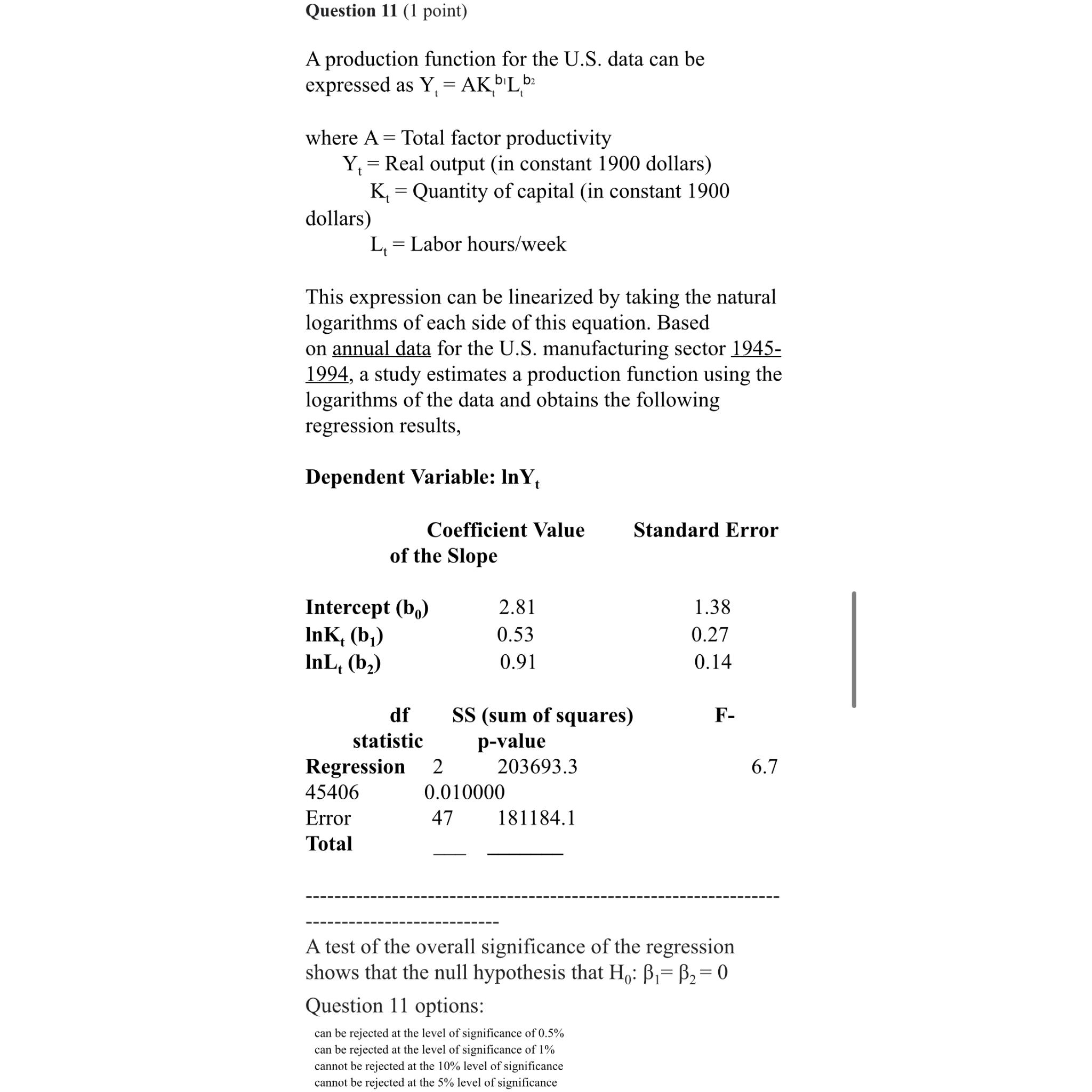 Solved Question 11 (1 ﻿point)A production function for the | Chegg.com