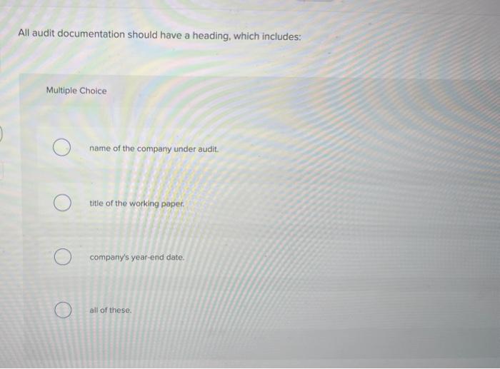 Solved All audit documentation should have a heading, which | Chegg.com