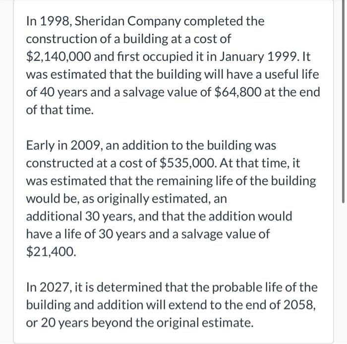 Solved In 1998, Sheridan Company completed the construction | Chegg.com