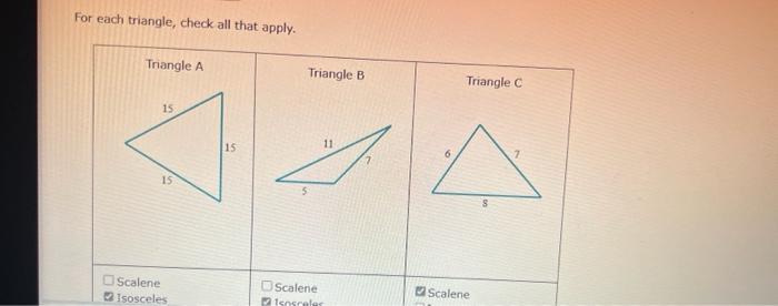 Solved For each triangle, check all that apply. Triangle A | Chegg.com