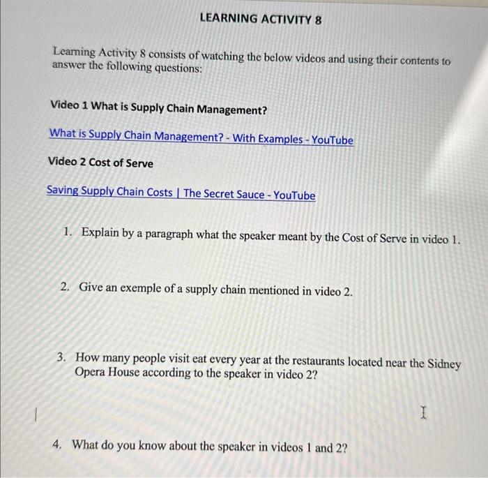 Solved Learning Activity 8 consists of watching the below | Chegg.com