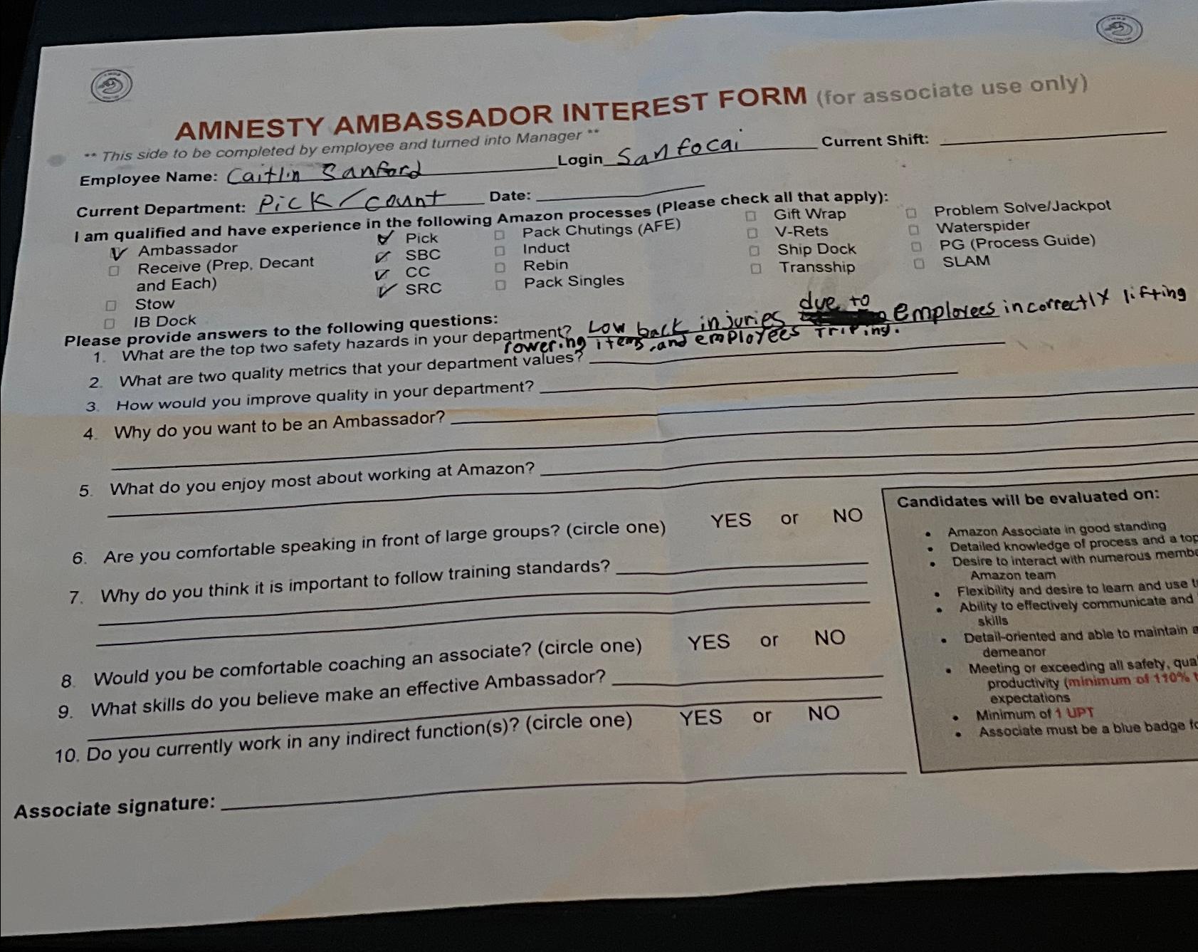 Solved AMNESTY AMBASSADOR INTEREST FORM (for associate use | Chegg.com